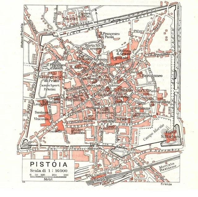 CARTA GEOGRAFICA ANTICA PISTOIA piccola pianta della città TCI 1939 ...