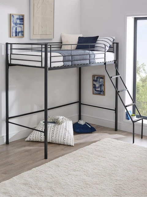 DOMINO HIGH SLEEPER Metal Bed Frame Black Space-Saving with Ladder ...