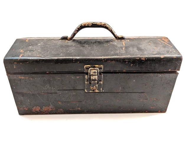 VINTAGE BLACK TOOL Box Rustic Metal Shabby Chic Home Decor Top Tray 16 ...