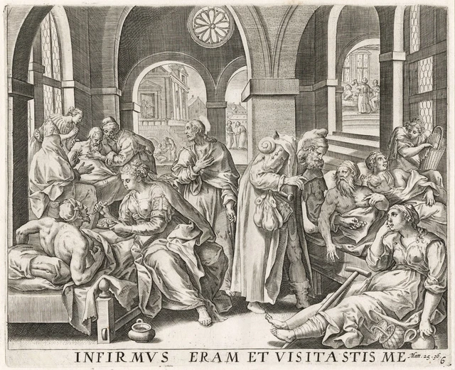 M. DE VOS Visiting the sick acts of mercy Bible Kupferstich engraving ...