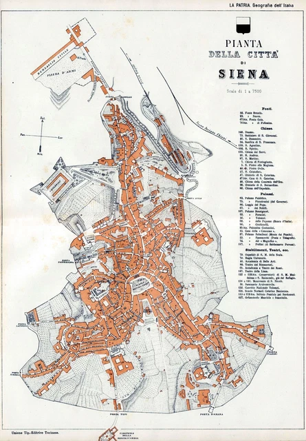 PIANTA DI SIENA. Grande carta topografica, geografica. Stampa antica ...