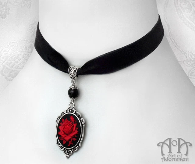 GOTHIC ROSE CAMEO VELVET CHOKER Ribbon Necklace Black Red Pendant ...