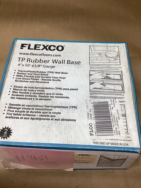 FLEXCO TP RUBBER Wall Base Black 4” X 50’ X 1/8” #108F59FML £35.50 ...
