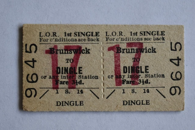 LIVERPOOL OVERHEAD RAILWAY Ticket L.O.R BRUNSWICK to DINGLE No 9645 $6. ...