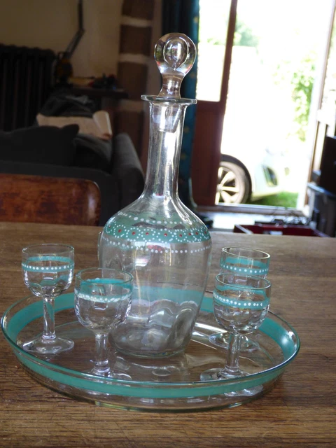 ANCIEN SERVICE À liqueur en verre émaillé ART NOUVEAU plateau carafe et ...