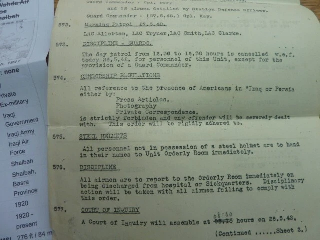 WW2 ORIGINAL 1942 Documents Raf Shibah Air Base Orders & Written Crime ...