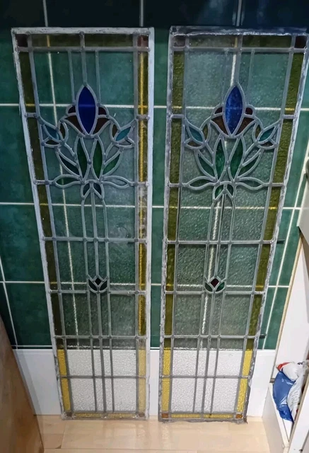 ANTIQUE STAIN GLASS door panels 48" X 12" Collection Only. £60.00 ...