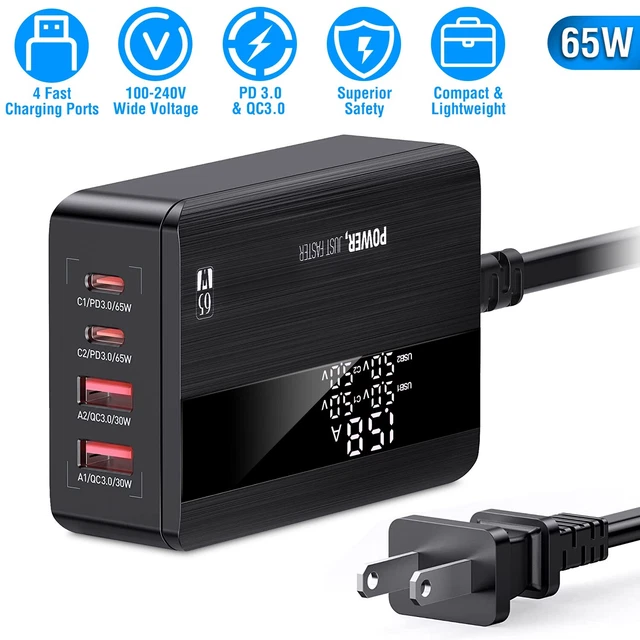 65W FAST USB-C Wall Charger 4-Port USB Charging Station PD3.0+QC3.0 for ...