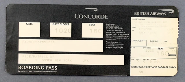 BRITISH AIRWAYS CONCORDE Used Airline Boarding Pass Ba 1 London - New ...