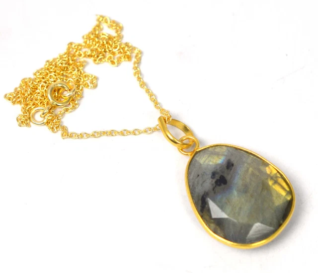 925 SOLID STERLING SILVER 24CT GOLD OVERLAY CUT LABRADORITE CHAIN ...