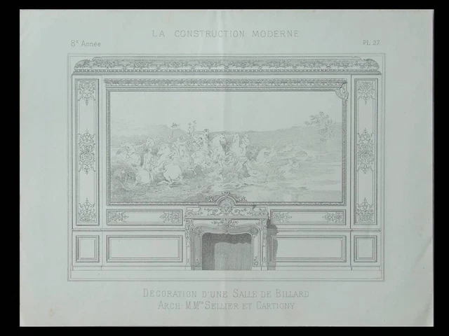 PARIS, AVENUE HUGO, Decoration Salle De Billard-1893-2 Planches-Sellier ...