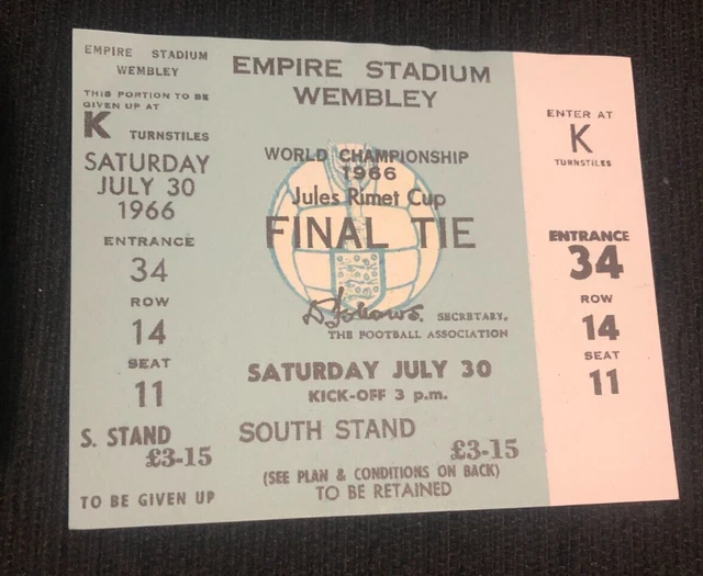 1966 WORLD CUP FINAL, TIE EMPIRE STADIUM TICKET, REPLICA Saturday July ...