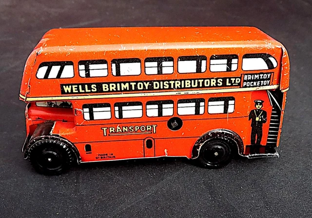 VINTAGE TINPLATE CLOCKWORK London Transport Bus, Wells Brimtoy Pocketoy ...