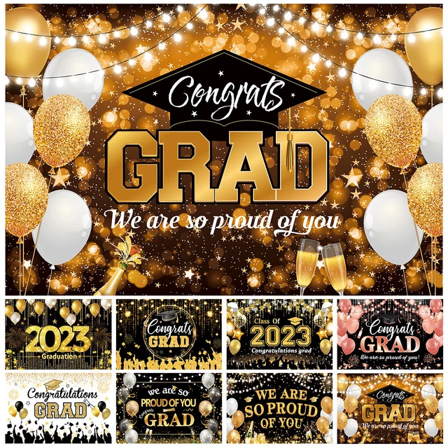 2023 GRADUATION BACKGROUND Black Gold Backdrop Happy Congratulations ...