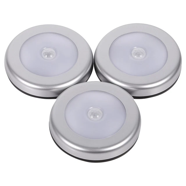 3X WIRELESS PIR Auto Motion Sensor Night Light 6 LED Round Body Battery ...