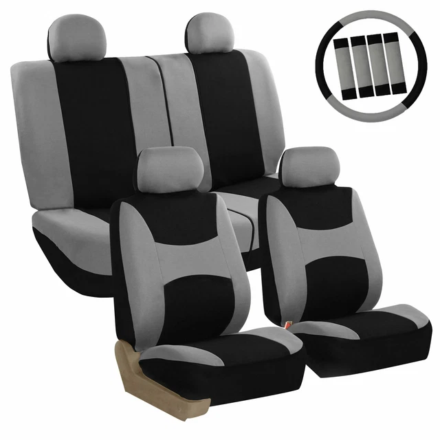 CAR SEAT COVERS Gray Full Set for Auto w/Steering Wheel/Belt Pad/4Head ...