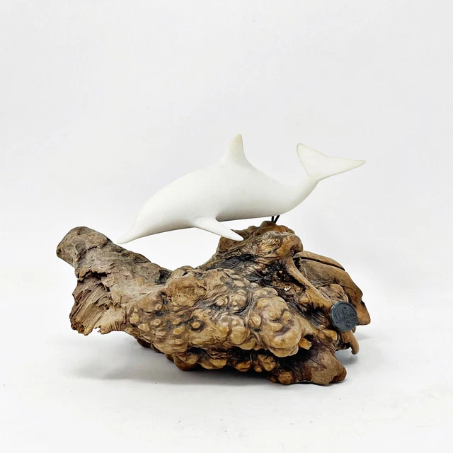 VINTAGE JOHN PERRY Single White Dolphin Sculpture Burl Wood Driftwood ...