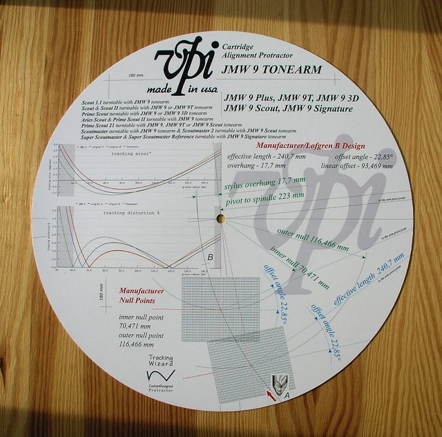 CARTRIDGE ALIGNMENT PROTRACTOR for VPI JMW-9 Series Turntable Tonearms ...