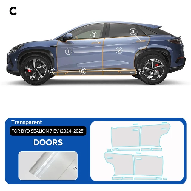 FOR BYD SEALION 7 EV 2024-UP Doors Precut Paint Protection Film Clear ...