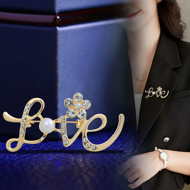 RHINESTONE LOVE LETTER Brooch Pearl Flower Pin Women Letters Party ...