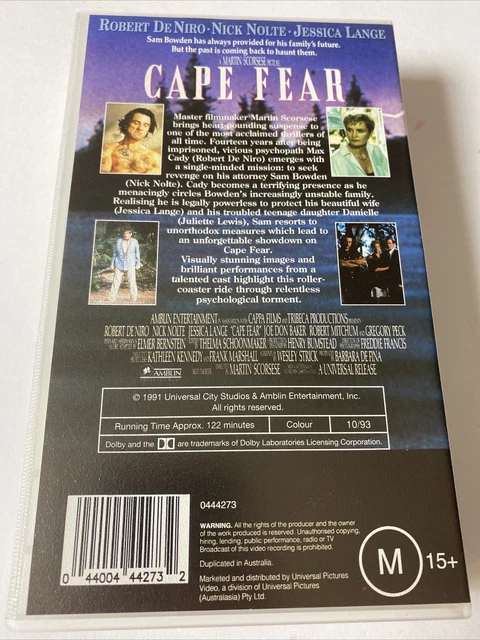 VINTAGE VHS VIDEO Tape Cape Fear - Robert De Niro Nick Nolte Jessica Lange 1991 $15.30 - PicClick AU