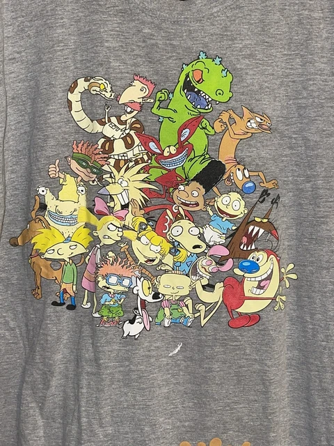 NICKELODEON 90'S CHARACTERS Collage Rugrats/Ren & Stimpy Gray T-Shirt ...