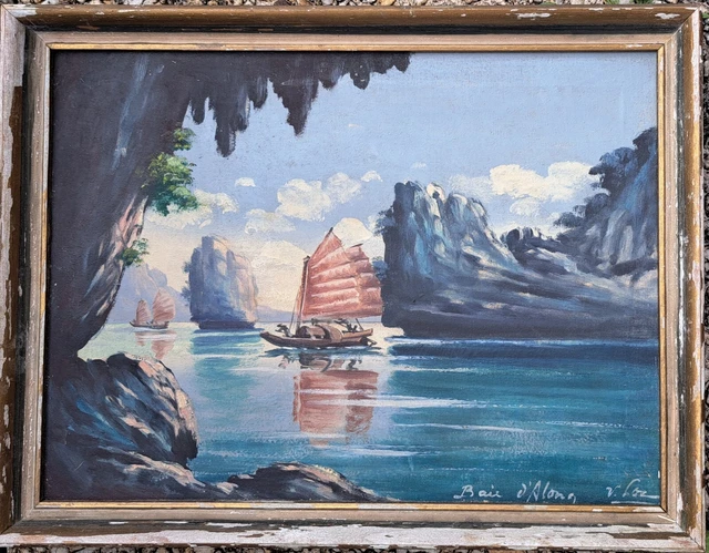 TABLEAU VIETNAM INDOCHINE Baie D'HALONG VAN LOC (TRAN ?) jonque MEKONG ...
