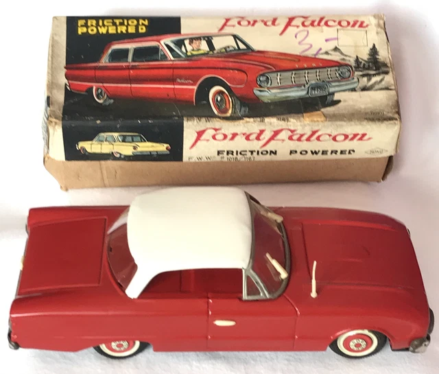 VTG TINPLATE FORD Falcon Toy Car Marusan No:3735 Friction Powered Red ...