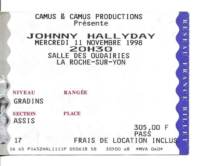 RARE / CONCERT Ticket - Johnny Hallyday Live La Roche Sur Yon France ...