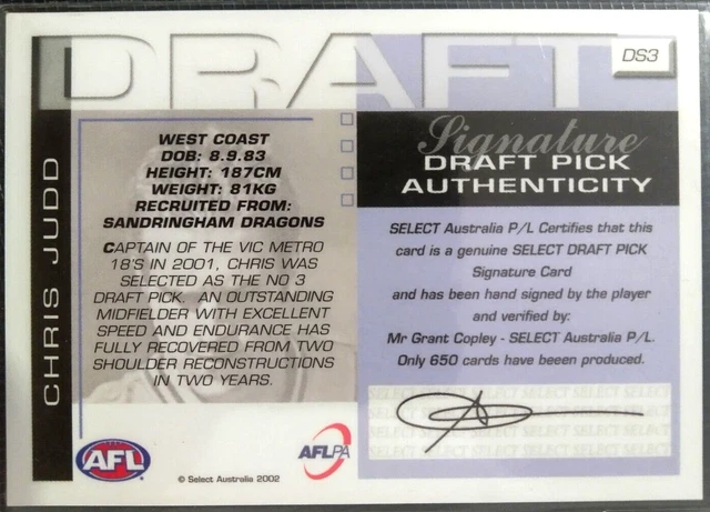 2002 AFL SELECT Exclusive Draft Pick Signature Ds3 Chris Judd $200.00 ...