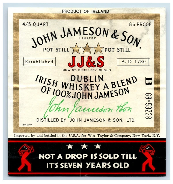 1950'S-70'S JOHN JAMESON & Son Dublin Irish Whiskey Label Original S62E ...