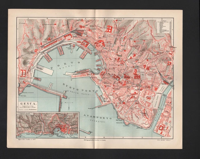 LANDKARTE PIANTA DELLA città city map 1905: Stadtplan Genua. Italy ...