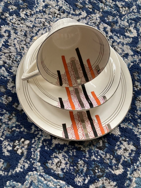 SOLIAN WARE SOHO Pottery Melody Art Deco China Trio Tea Cup Saucer Cake ...