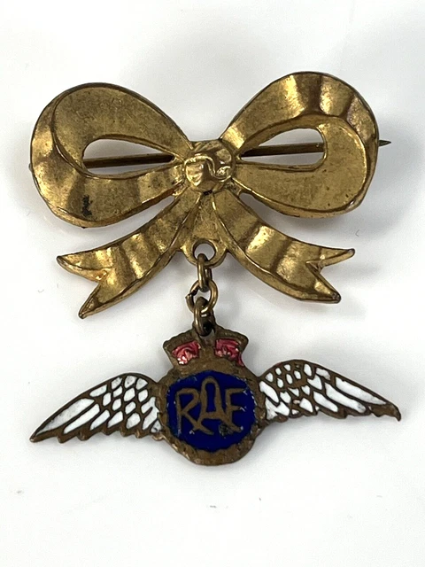 WW1 WW2 ROYAL Air Force Sweetheart Brooch Bow & Chain Wings Brass ...