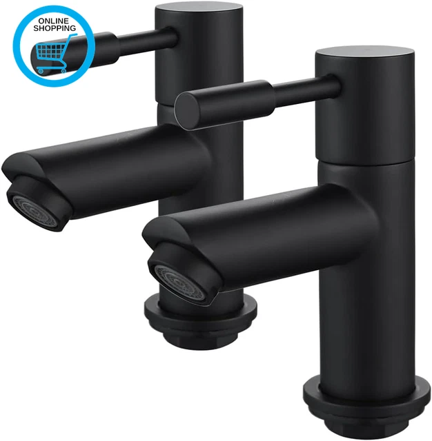 BLACK BASIN TAPS Pair, Twin Hot and Cold Basin Pillar Sink Taps for ...