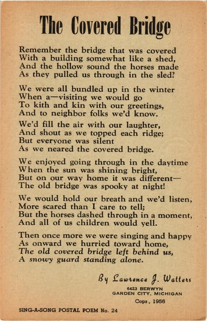THE COVERED BRIDGE Postal Poem by L.J. Watters Unused Postcard 1956 £7. ...