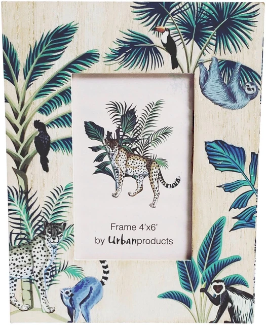 WILD JUNGLE WOODEN Photo Frame 4x6" MDF Wood w Leaves Monkey Cheetah ...