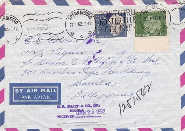 NORWAY 1962 COVER Fredrikstad to Ship Vigan Manila Philippines £5.45 ...