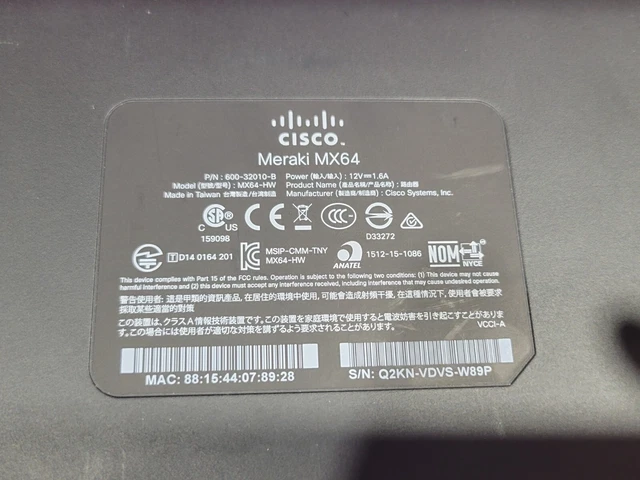 CISCO MERAKI MX64 Cloud Managed Firewall Router With Power Adapter 600 ...