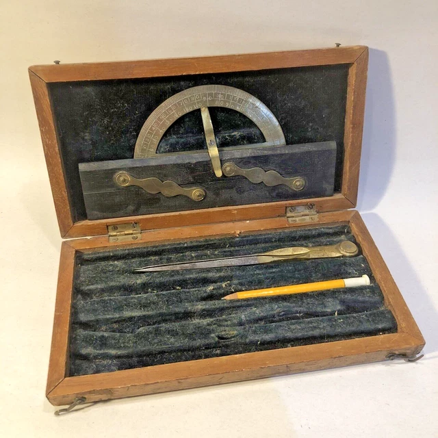 ANTIQUE WOODEN PARALLEL Rule & Brass Protractor in Wooden Box 18x10cm ...