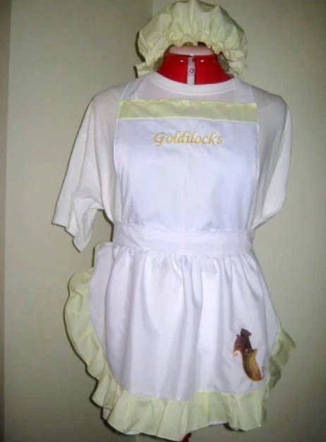 CUSTOMISED GOLDILOCKS COSTUME APRON & MOP TOP HAT Made 2 Fit In most ...