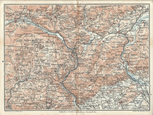 CARTA GEOGRAFICA ANTICA VALSUGANA FELTRE ASIAGO TCI 1920 Old antique ...