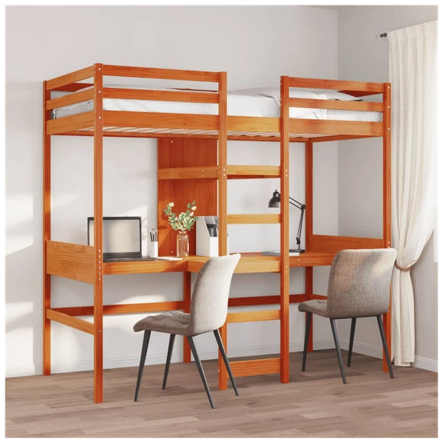 LOFT BED FRAME Brown Solid Pine 80x200cm Single with Desk & Shelves ...