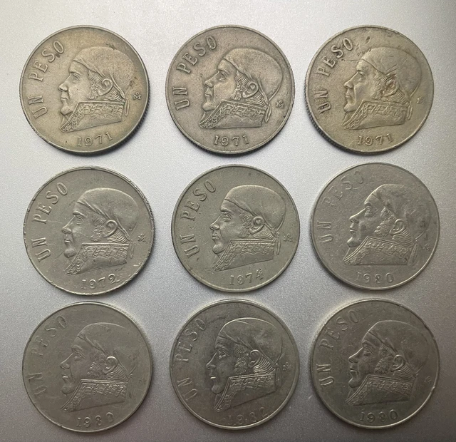 LOT 9 1971 1980 UN PESO Mexican MEXICO 1 PESO Circulated Coin Jos lot-9-1971-1980-un-peso-mexican-mexico-1-peso-circulated-coin-jos