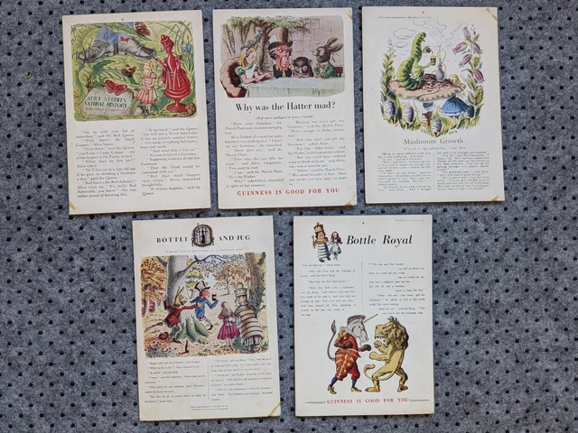 GUINNESS ADVERTISING POSTCARDS - set of five Alice in Wonderland themed ...