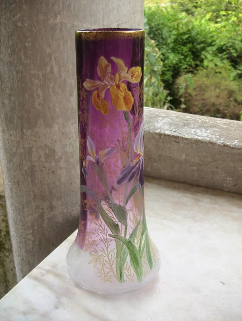 LEGRAS SUPERBE GRAND vase en verre soufflé émaillé d'iris de forme Lamartine EUR 199,00 ...