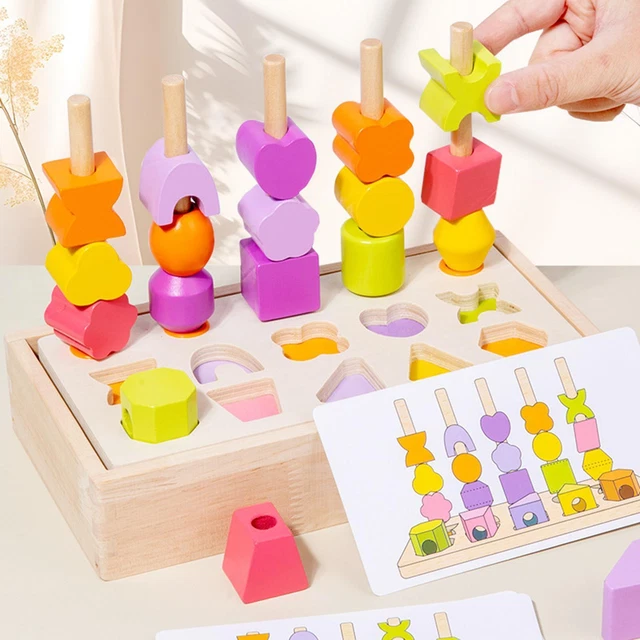 WOODEN BEADS SEQUENCING Toy Fine Motor Skills Sorting Counting Stacking ...