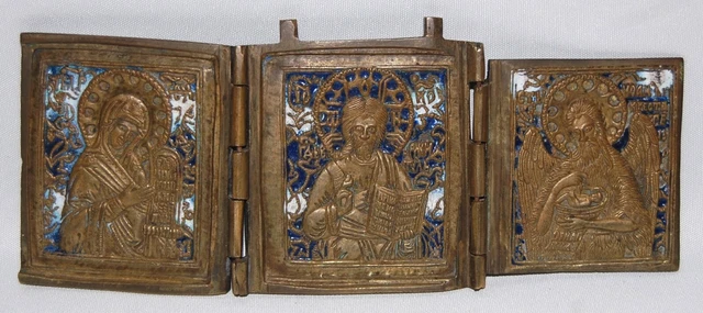 TRIPTYCHON, RUSSISCHE METALLIKONE, Messing, Ikone, Bronze, Jesus, Maria Johannes EUR 120,00 ...