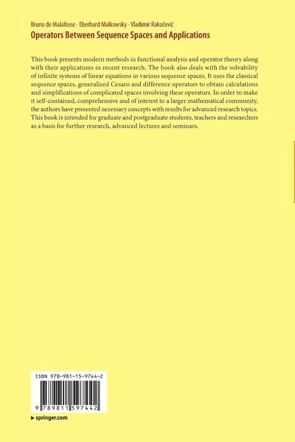 OPERATORS BETWEEN SEQUENCE Spaces and Applications Bruno de Malafosse (u. a.) xx EUR 97,90 ...