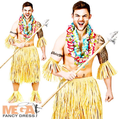 ZULU WARRIOR MENS Fancy Dress Hawaiian Raffia Hula Beach Adults Costume ...